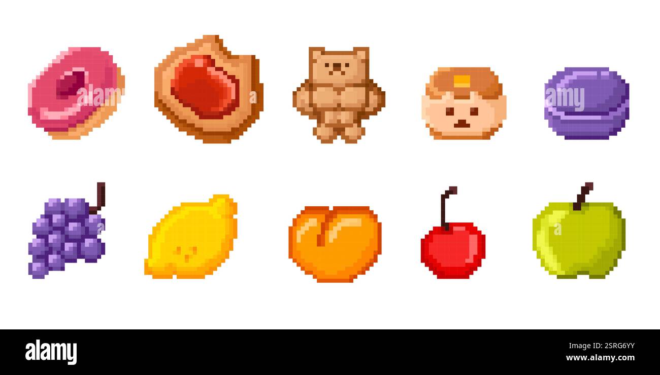 Pixel art food set with donut, jam tart, cute bear cookie and bun ...