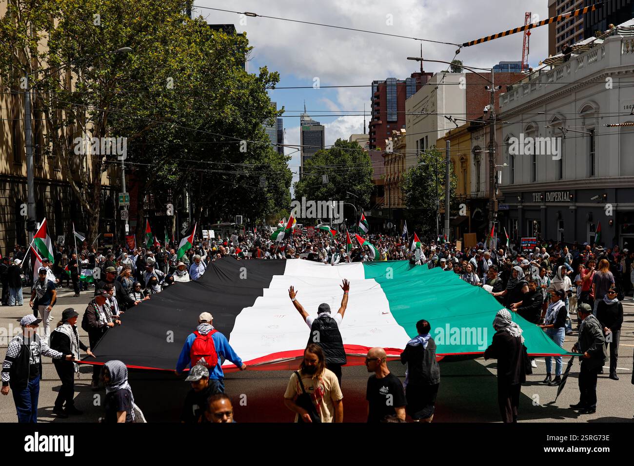 Protesters holding Flags march through the CBD during the rally. The ...