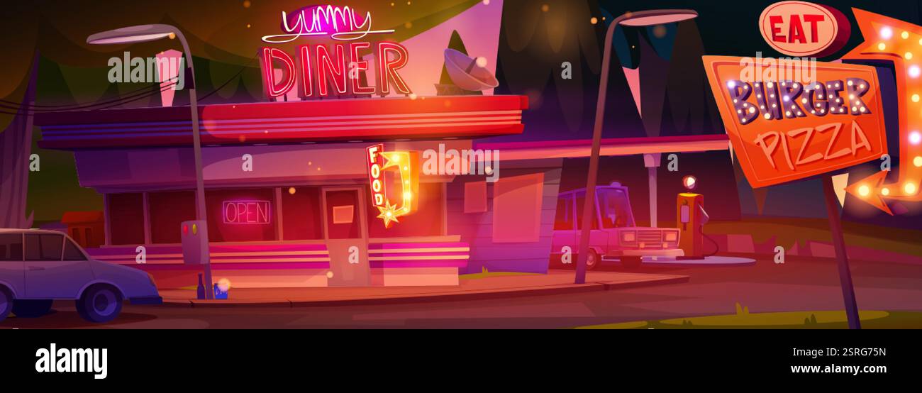 Cartoon diner panorama at sunset - neon storefront with illuminated ...