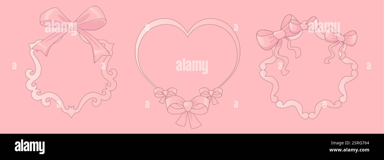 Coquette pink frames with decorative ribbon bows. Elegant contour ...