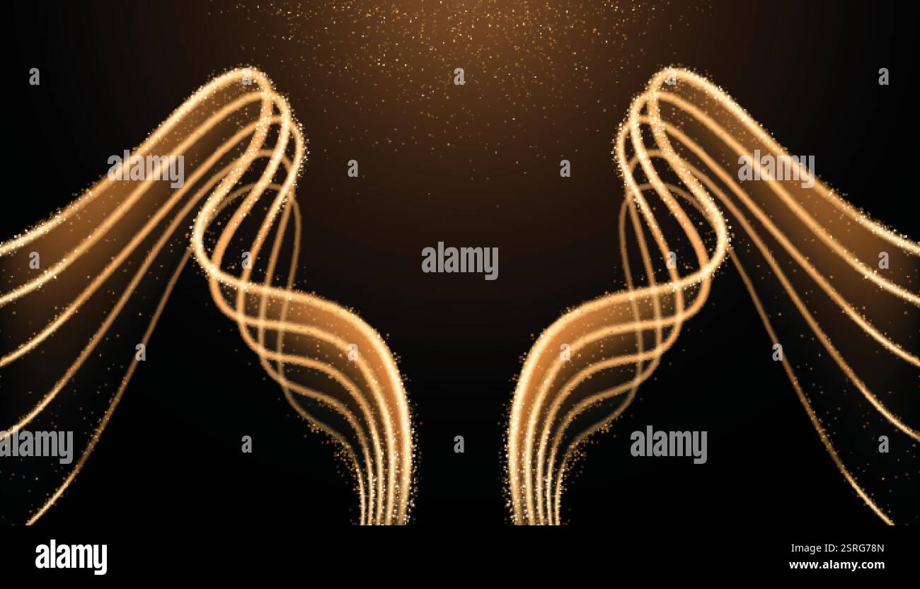 Light wing shaped line background - glowing golden streams on dark ...