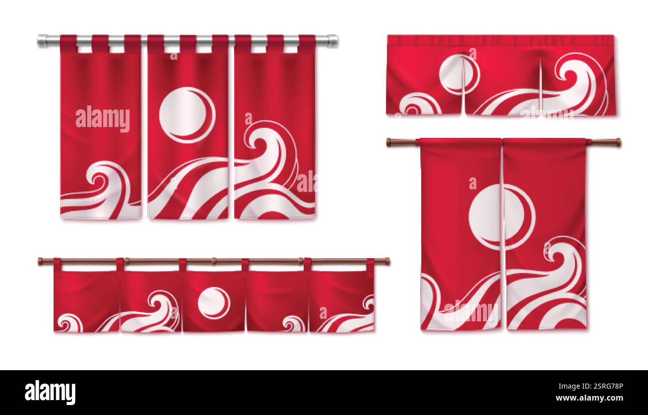 Japanese curtain set - red noren panels with white wave and sun pattern ...