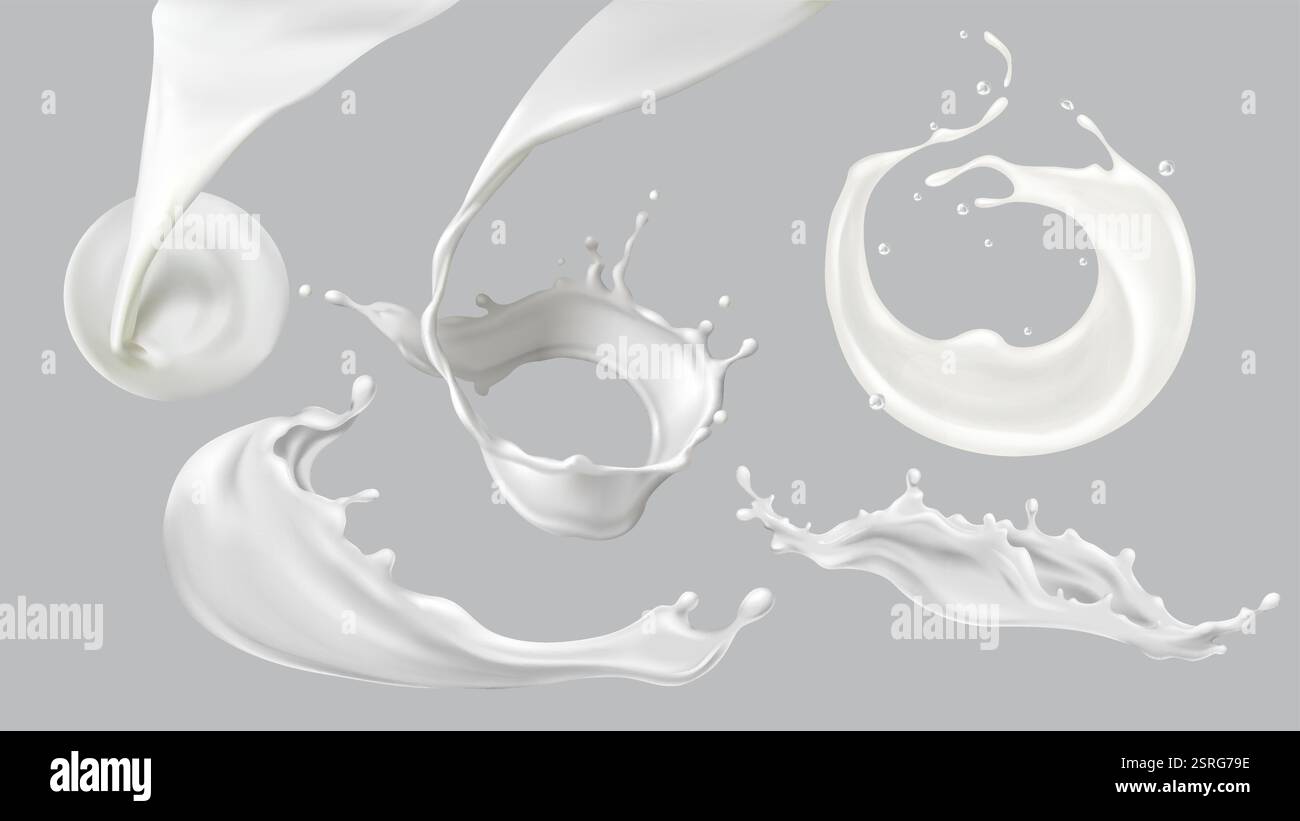 Milk splash collection with dynamic liquid shapes, flying drops and ...