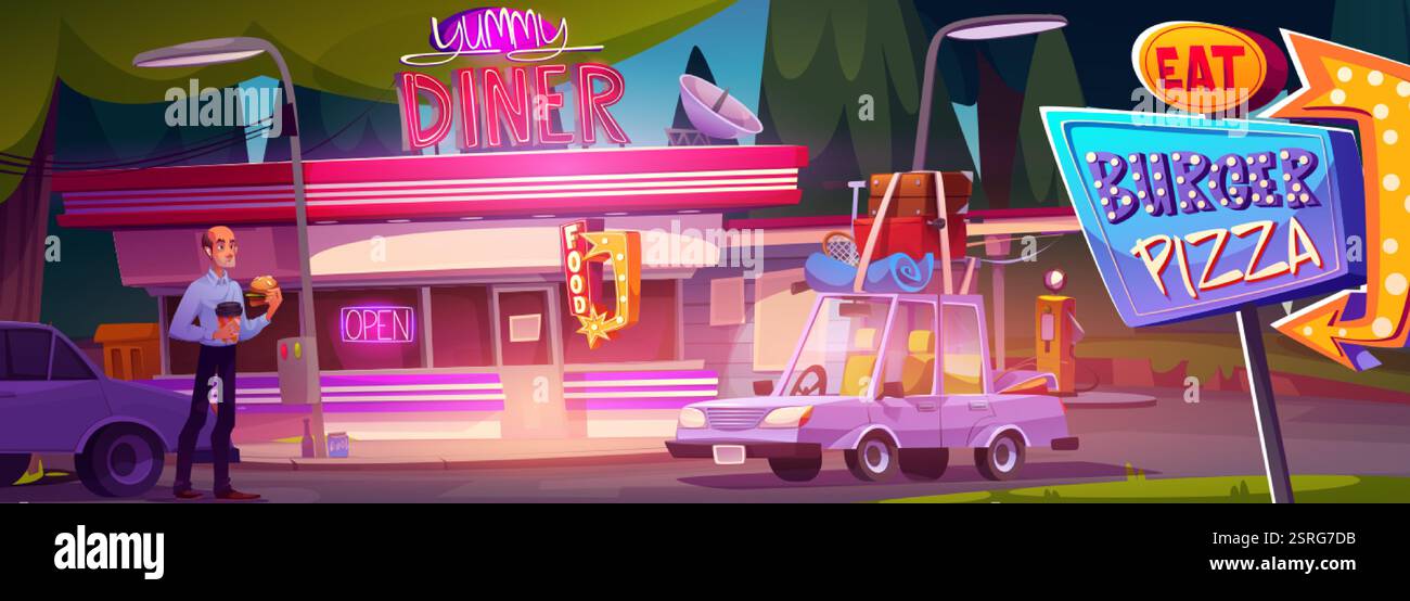 Diner exterior with cartoon eating man walking outside - gas station ...