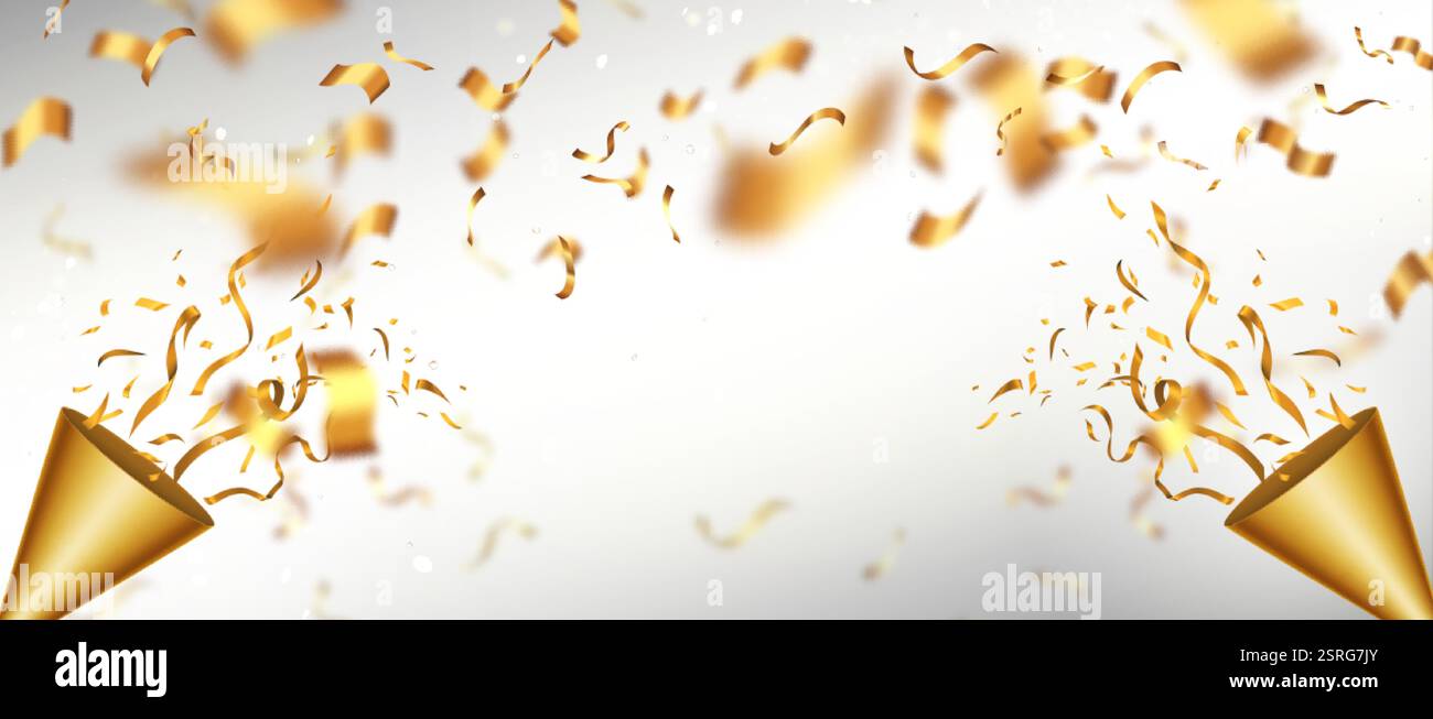 3D golden party poppers exploding with shiny confetti ribbons and ...