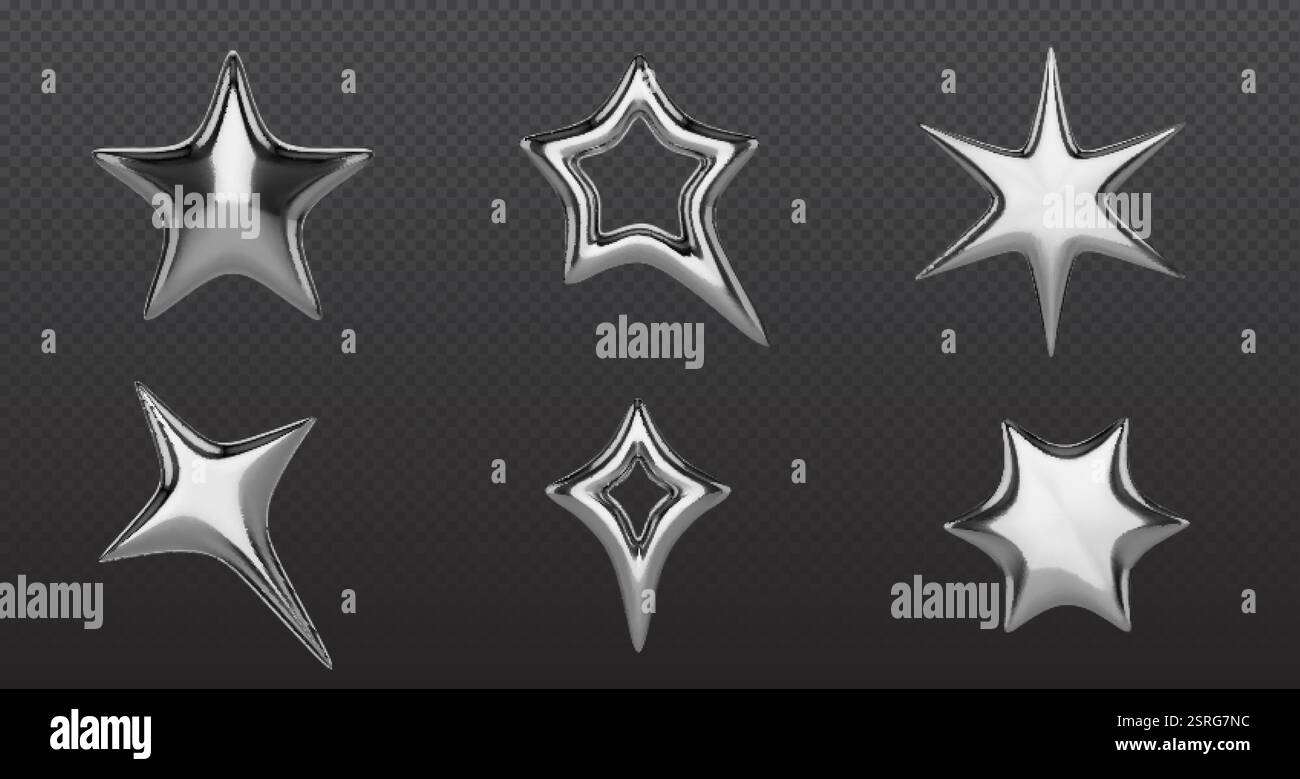 Metallic chrome stars collection - silver 3d shapes with reflective ...