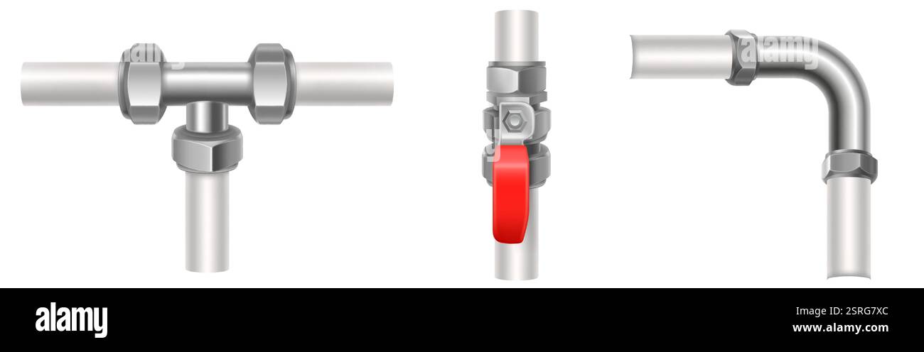3d plumbing pipe connectors set - metallic tee joint, straight valve ...