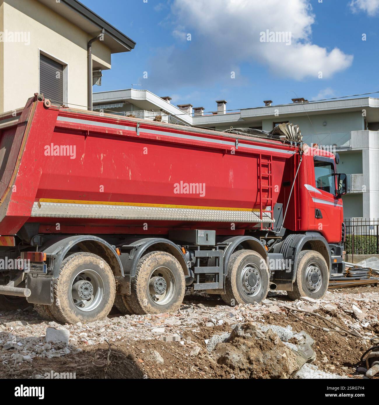 Truck on construction site. Trucking on construction concept. Tipper ...