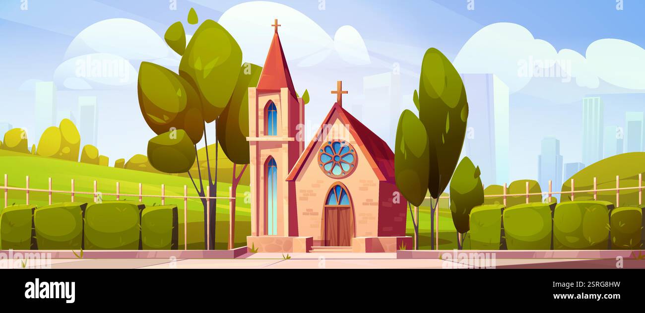 Cartoon church building with red roof and tower on green meadow ...