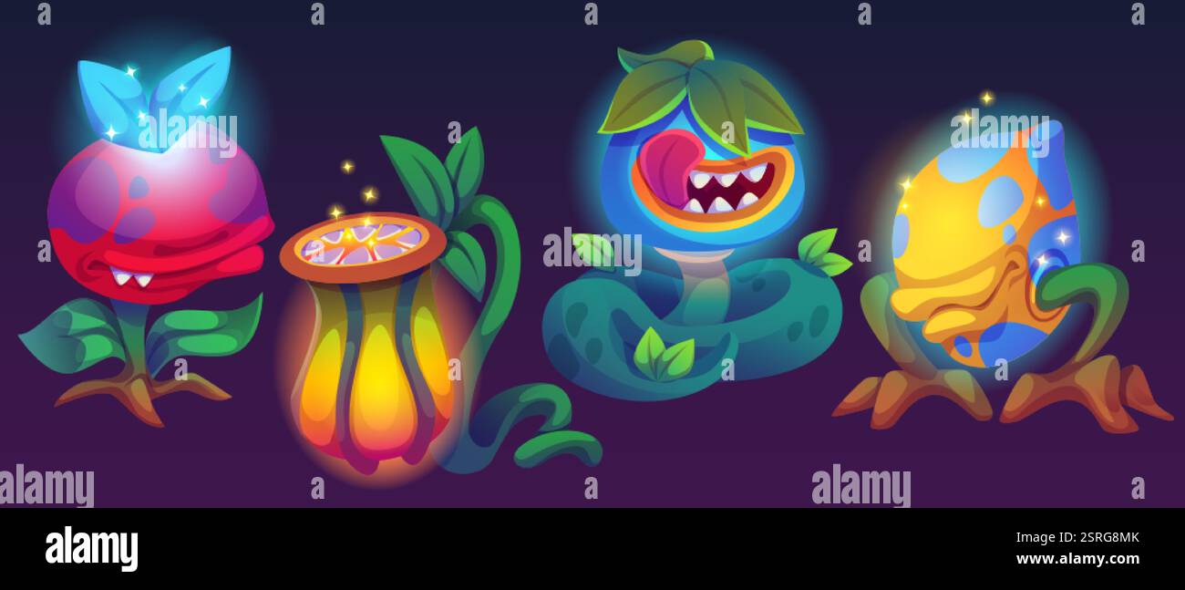 Night monster plants set isolated on background. Vector cartoon ...