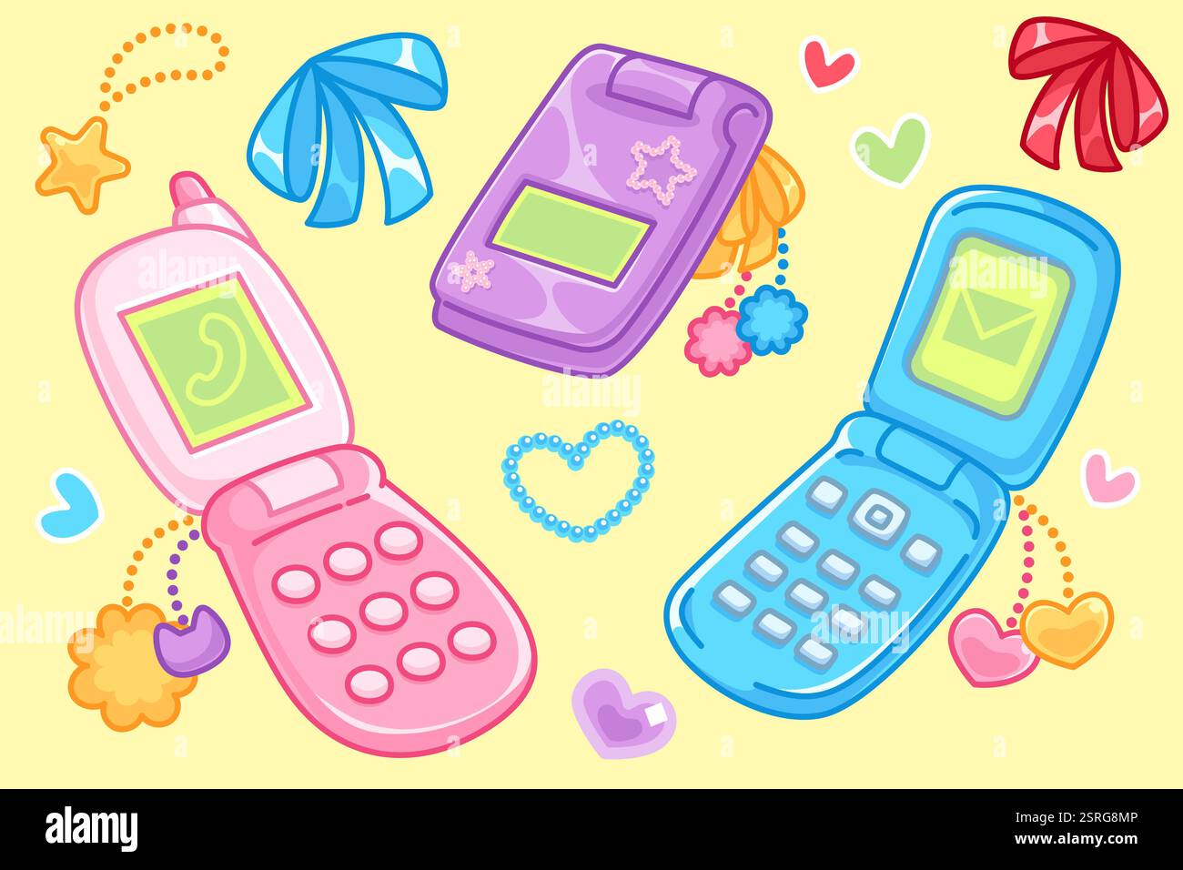 Girly flip phones and accessories on yellow background. Vector cartoon ...