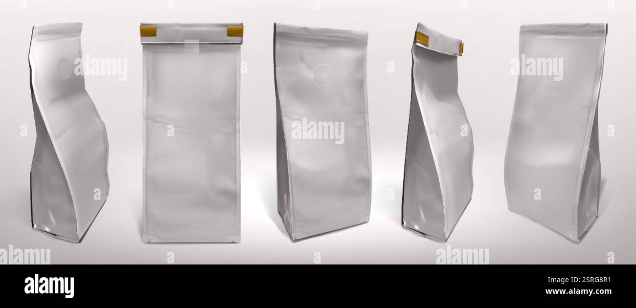 Paper coffee bag mockup set in various angles - white pouch with gold ...