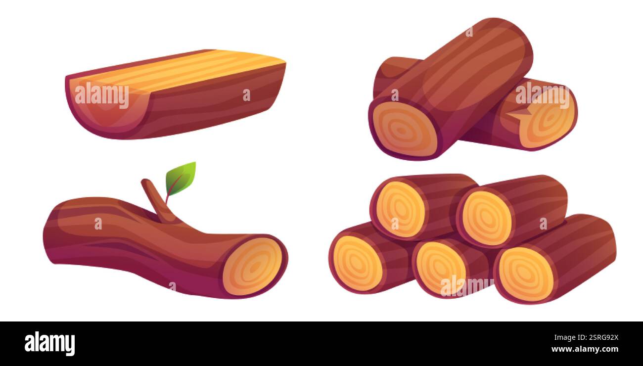 Firewood piles set isolated on white background. Vector cartoon ...