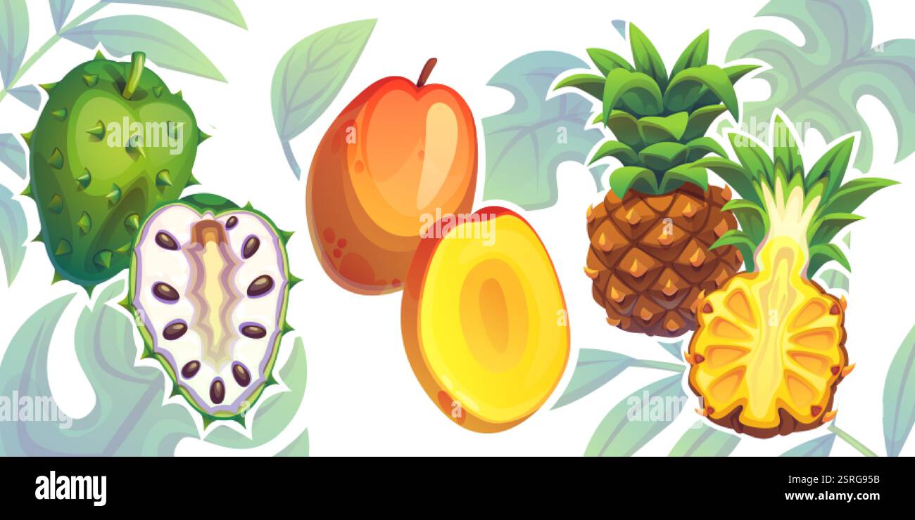 Tropical fruits collection with whole and sliced soursop, fresh orange mango cut in half, golden ...