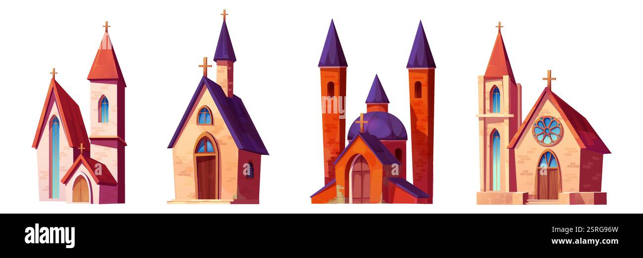 Church building cartoon collection of Catholic chapels with stained ...