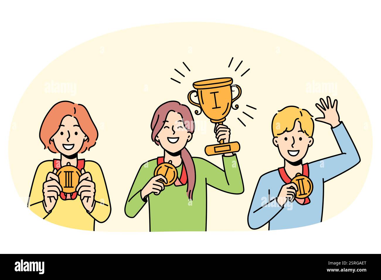 Happy kids with medals celebrate success in competition Happy kids with ...