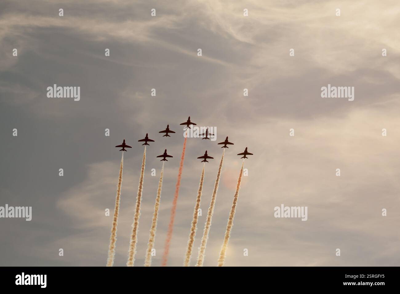 BAE Systems Hawk nine aircraft of the RAF Royal air force Red Arrows display team flying ...