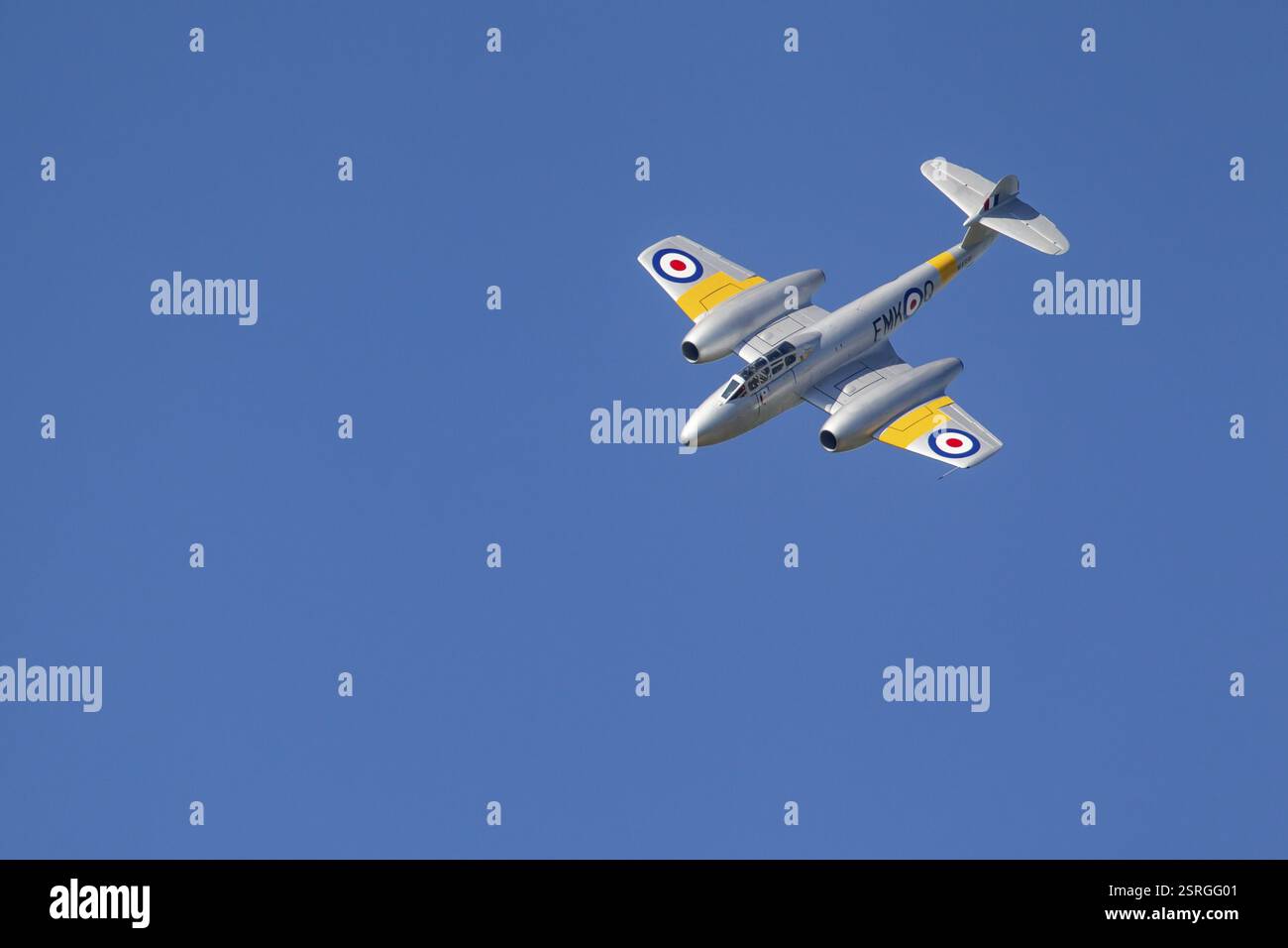 Gloster Meteor jet aircraft in RAF Royal air force colours flying in a ...