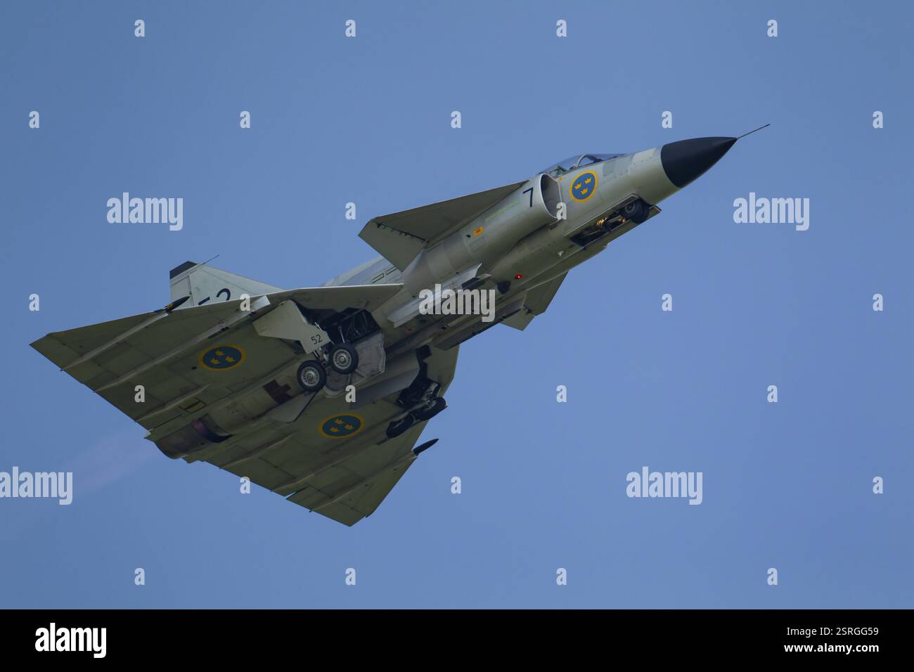 Saab 37 Viggen aircraft in Swedish air force colours flying, England ...