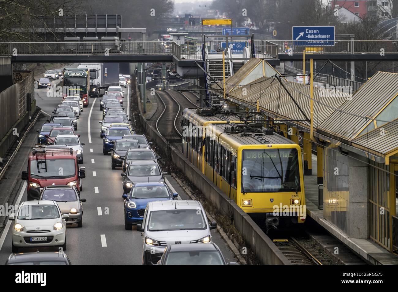 Traffic jam on the A40 motorway, in both directions, underground U18 in ...