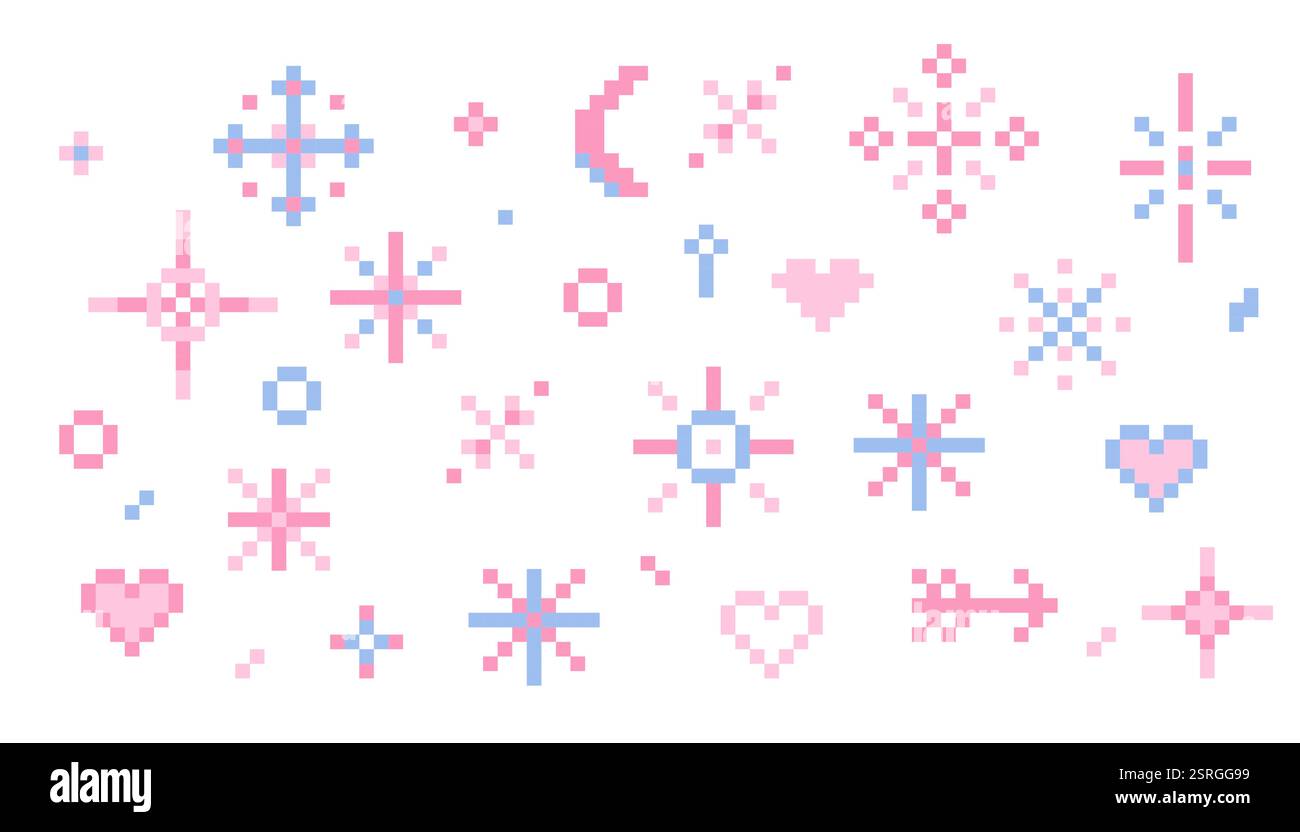 Pixel star sparkle cute retro 8 bit sparkle set. Shiny pink game pixel ...
