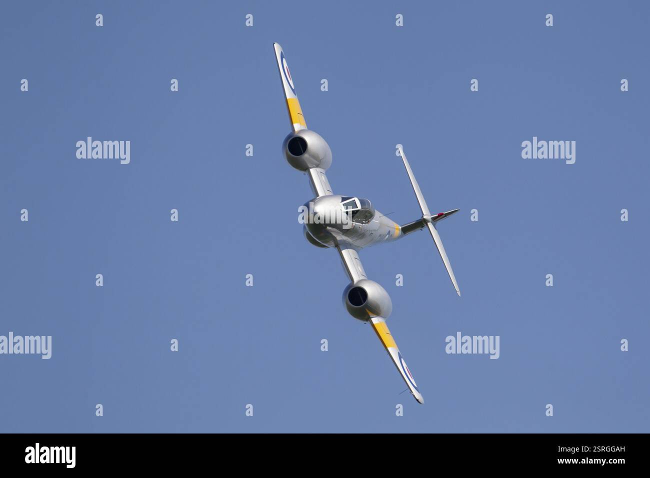 Gloster Meteor jet aircraft in RAF Royal air force colours flying in a ...