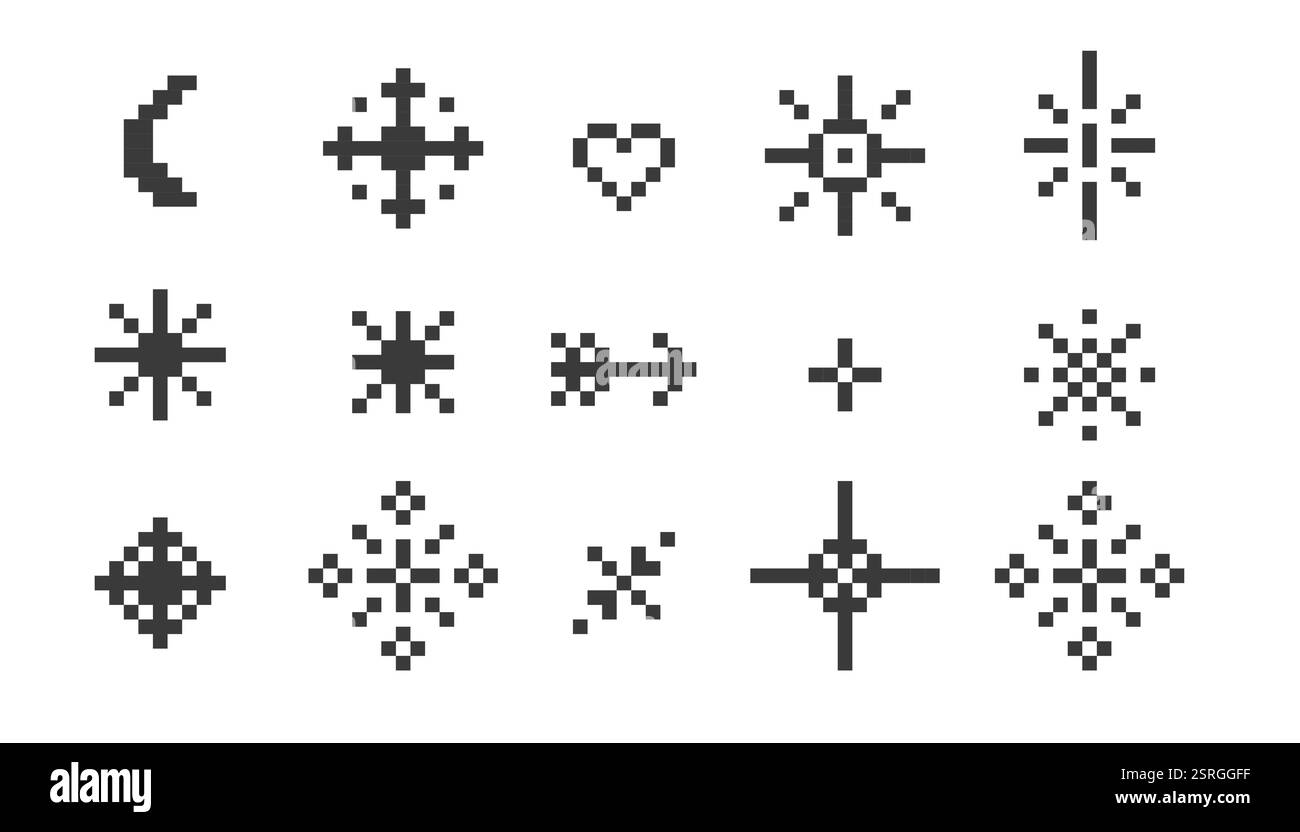 Pixel star sparkle cute retro 8 bit sparkle set. Shiny pink game pixel art effect set. Firework ...