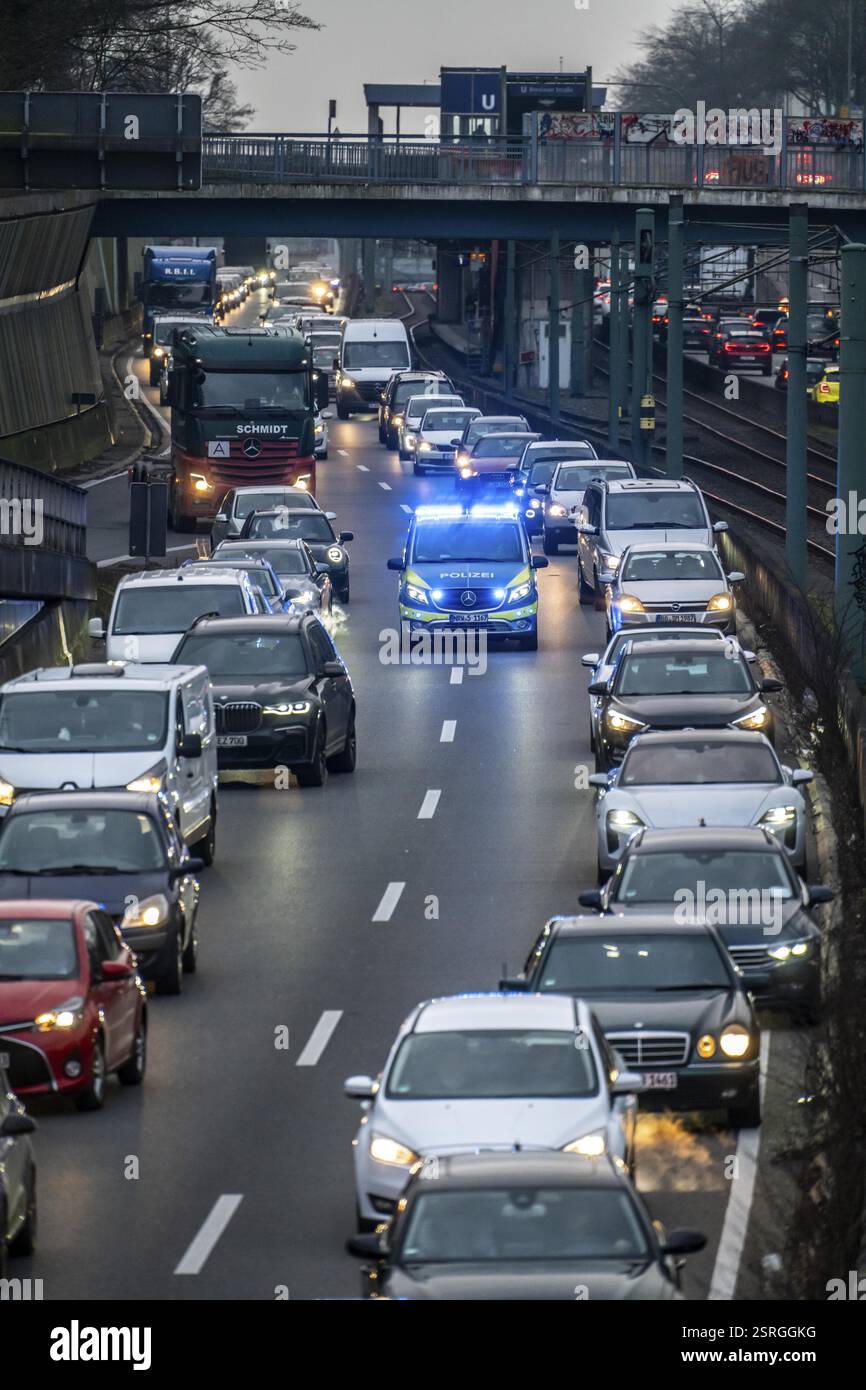 Traffic jam on the A40 motorway, emergency lane, vehicles on the left ...