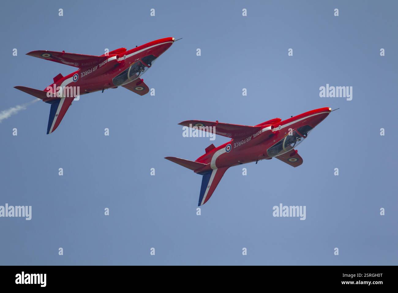 BAE Systems Hawk two aircraft of the RAF Royal air force Red Arrows display team flying, England ...