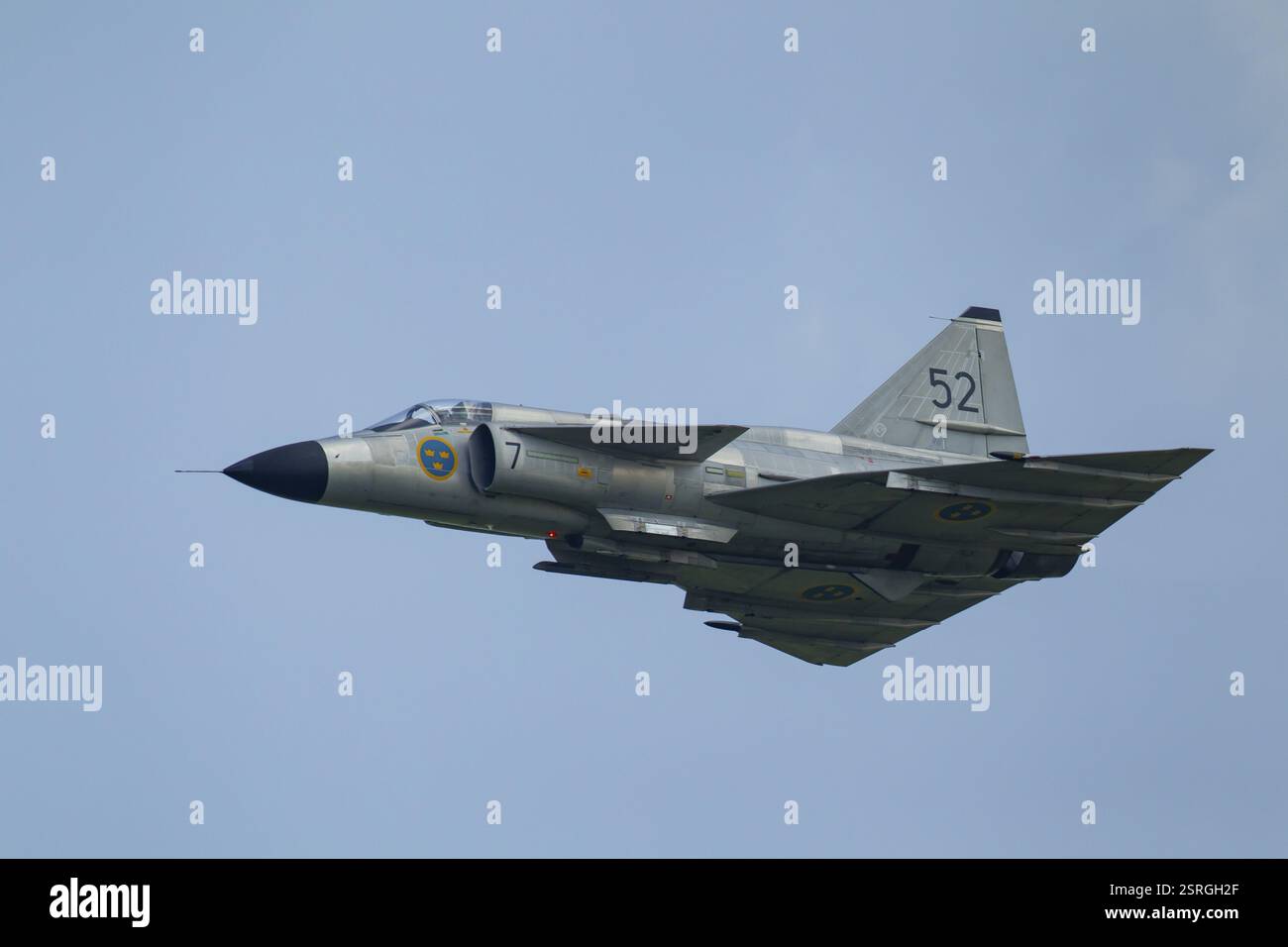 Saab 37 Viggen aircraft in Swedish air force colours flying, England ...