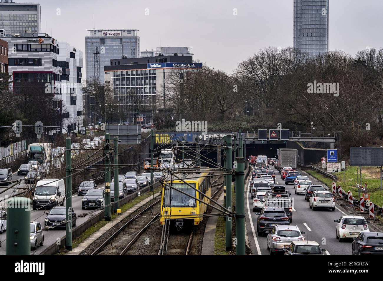 Traffic jam on the A40 motorway, in both directions, underground U18 in ...