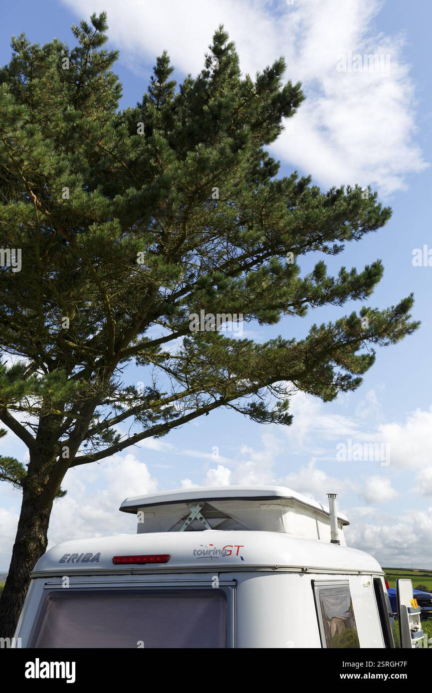 Eriba Touring caravan with retractable roof on a pitch, retro, campsite ...