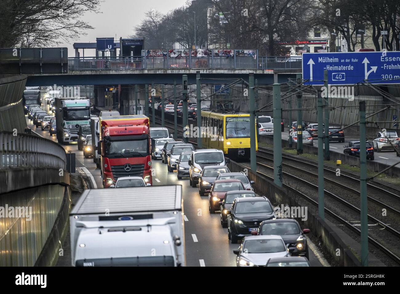 Traffic jam on the A40 motorway, in both directions, underground U18 in ...