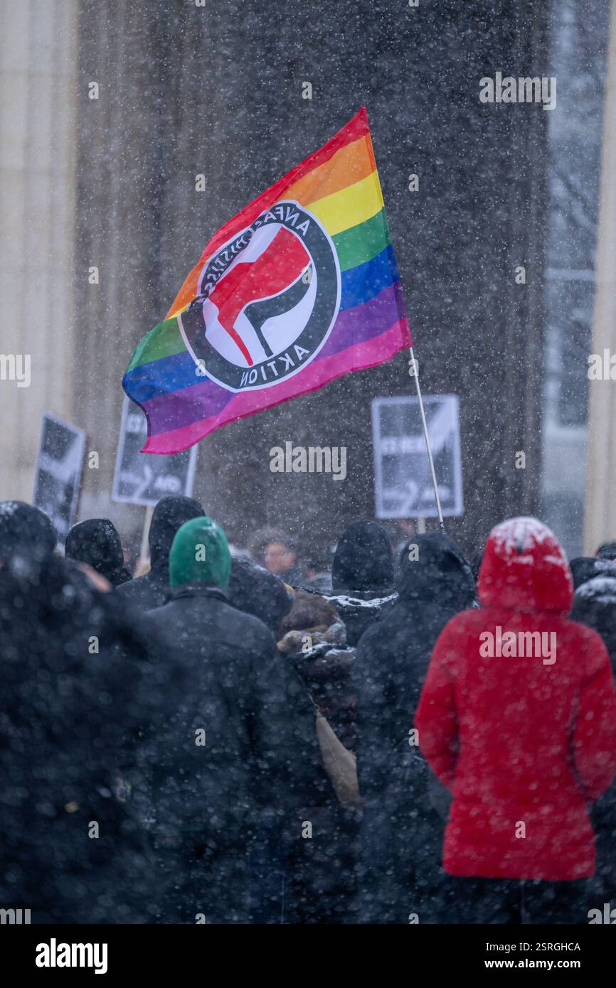 Munich, Germany. 16th Feb, 2025. Participants in a demonstration wave a ...
