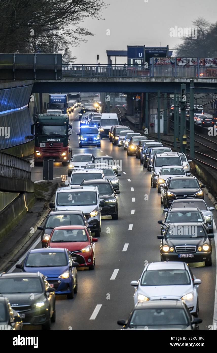 Traffic jam on the A40 motorway, emergency lane, vehicles on the left ...