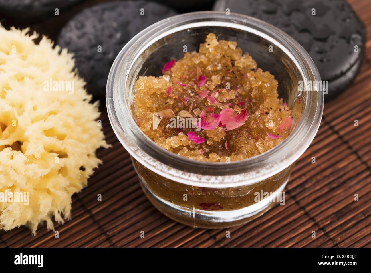 Homemade body peeling with sugar, olive oil and rose petal Stock Photo ...