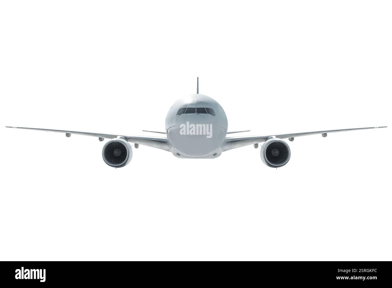 Front view of the wide body passenger plane fly isolated on white ...