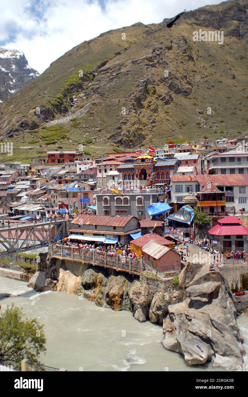 View of Badrinath town and river Alaknanda at Badrinath, Uttaranchal Uttarakhand, India, Asia ...