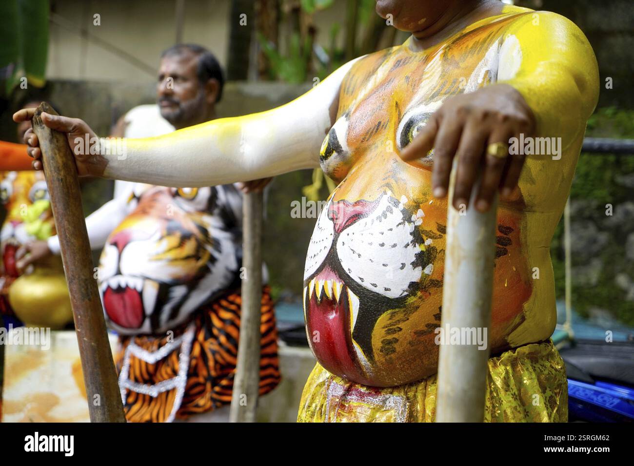 Trained dancers get their body painted in the colours of a tiger prepare to participate famous ...