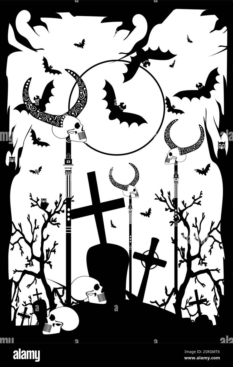 Spooky Graveyard Illustration, land of the dead. A black and white ...