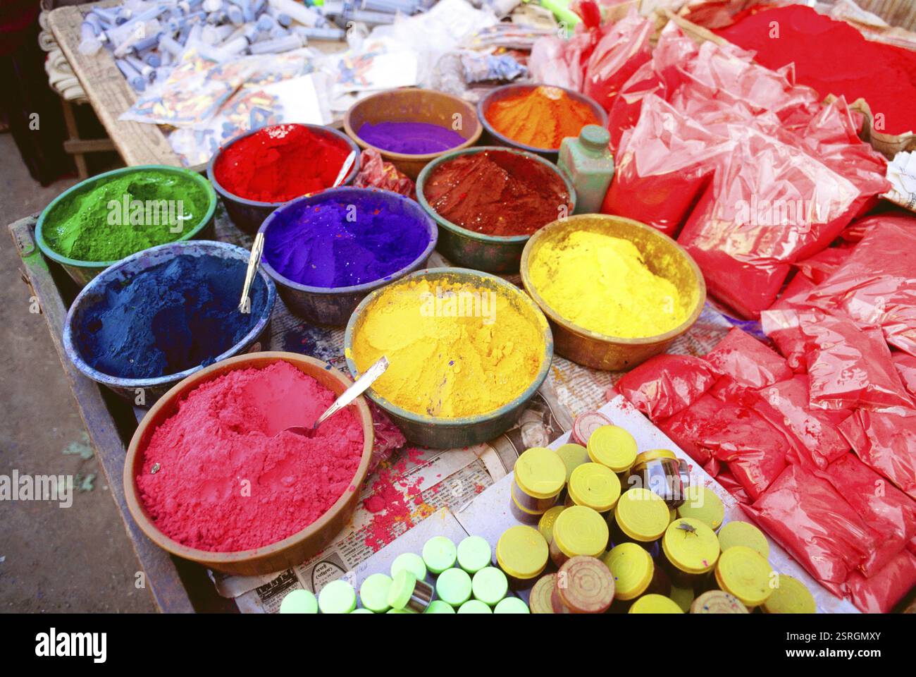 Colors in shop for Holi festival, Bombay Mumbai, Maharashtra, India ...