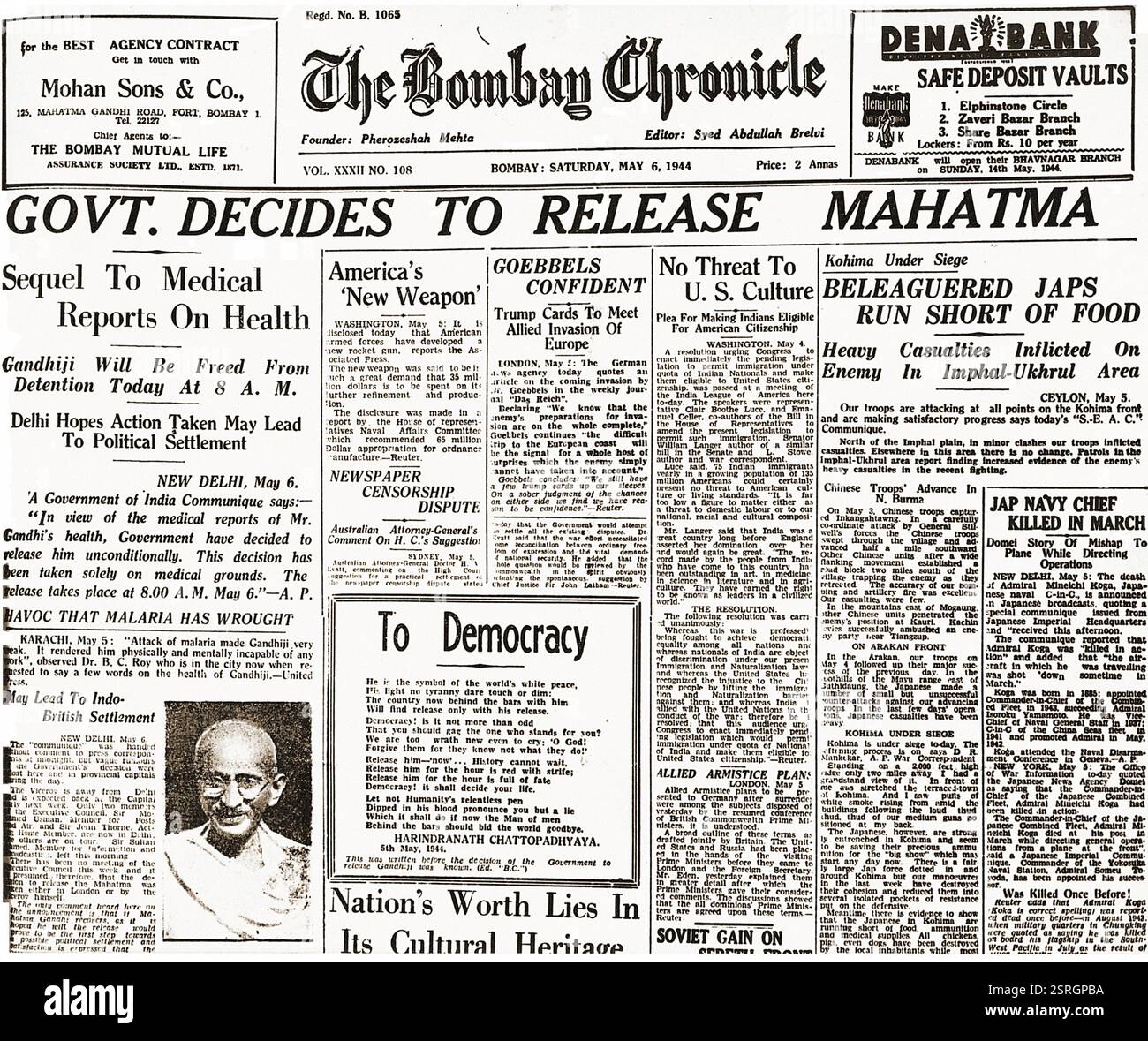 Front page news of Mahatma Gandhi release from prison, Mumbai ...