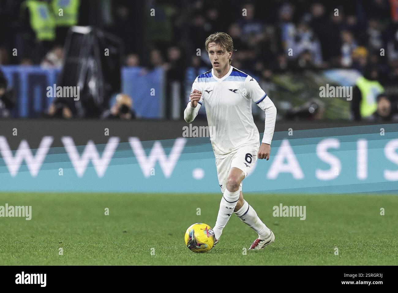 Rome, Italy. 15th Feb, 2025. Lazio's Italian midfielder Nicolo Rovella controls the ball during ...