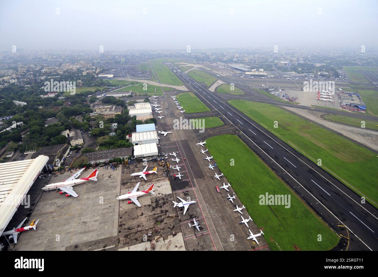 Aerial view of runway hangar of air india at chhatrapati shivaji ...