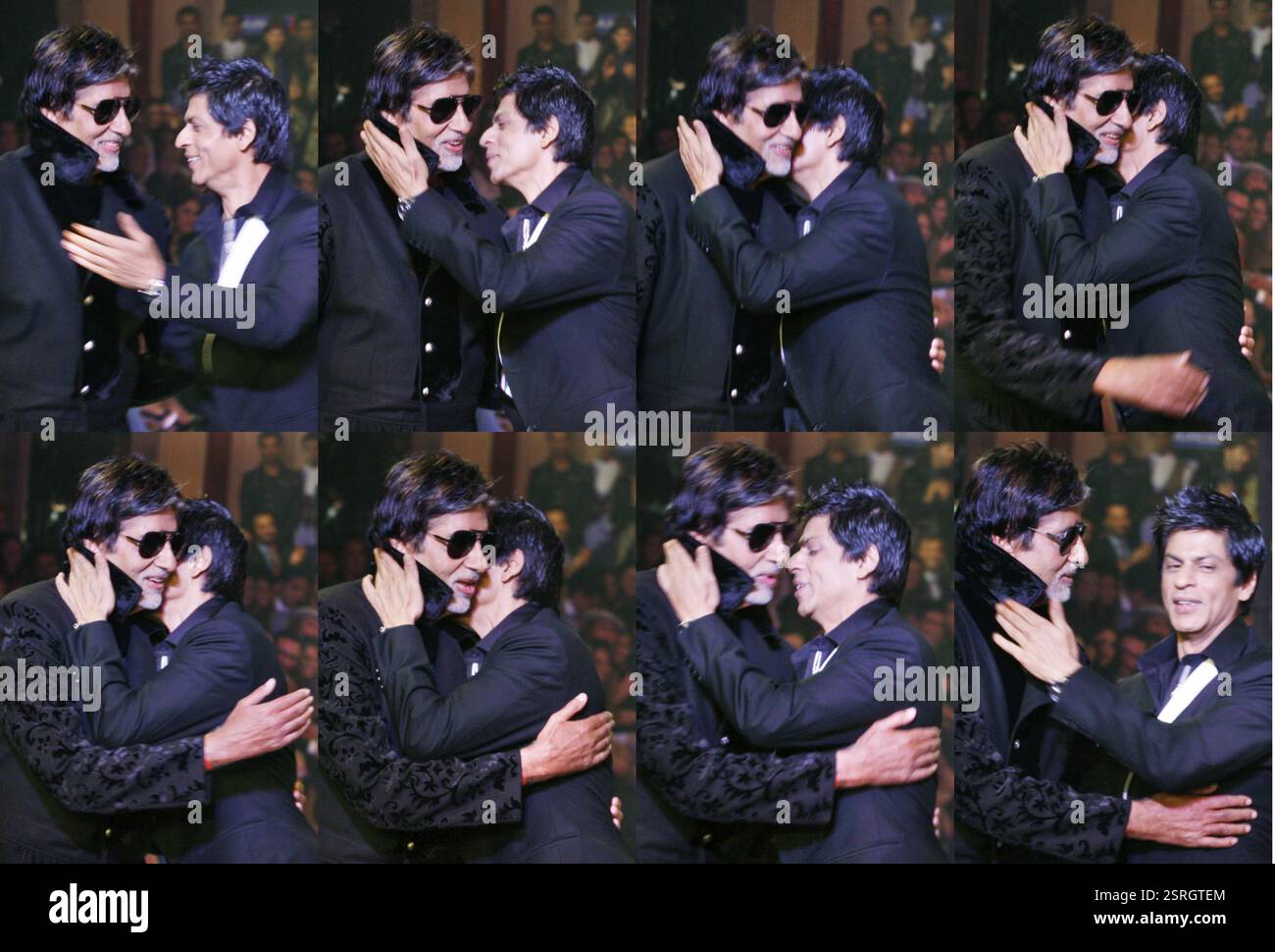 Bollywood stars Amitabh Bachchan Shahrukh Khan hug walking the ramp ...