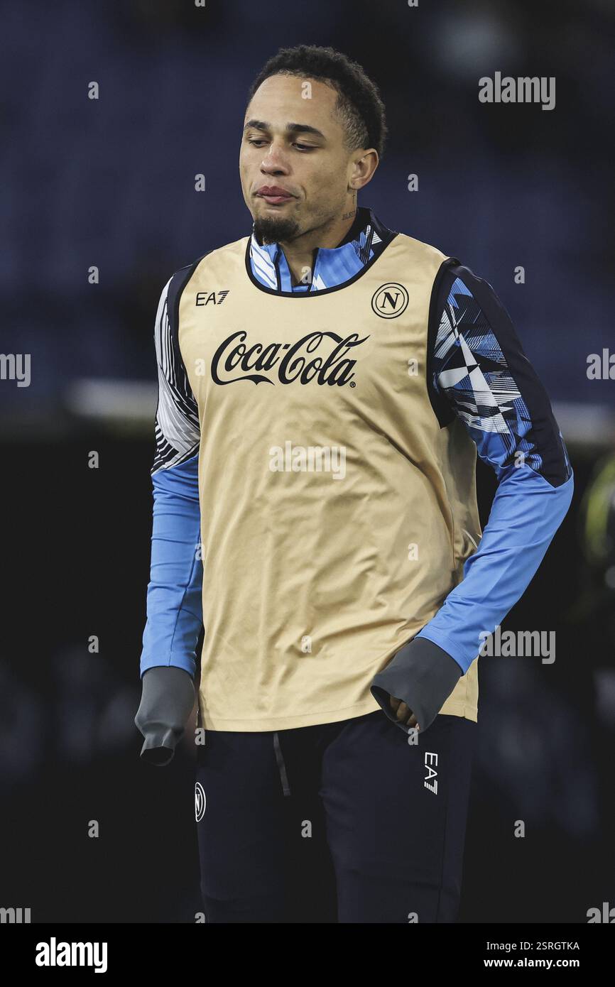 Rome, Italy. 15th Feb, 2025. Napoli's Swiss forward Noah Okafor looks ...