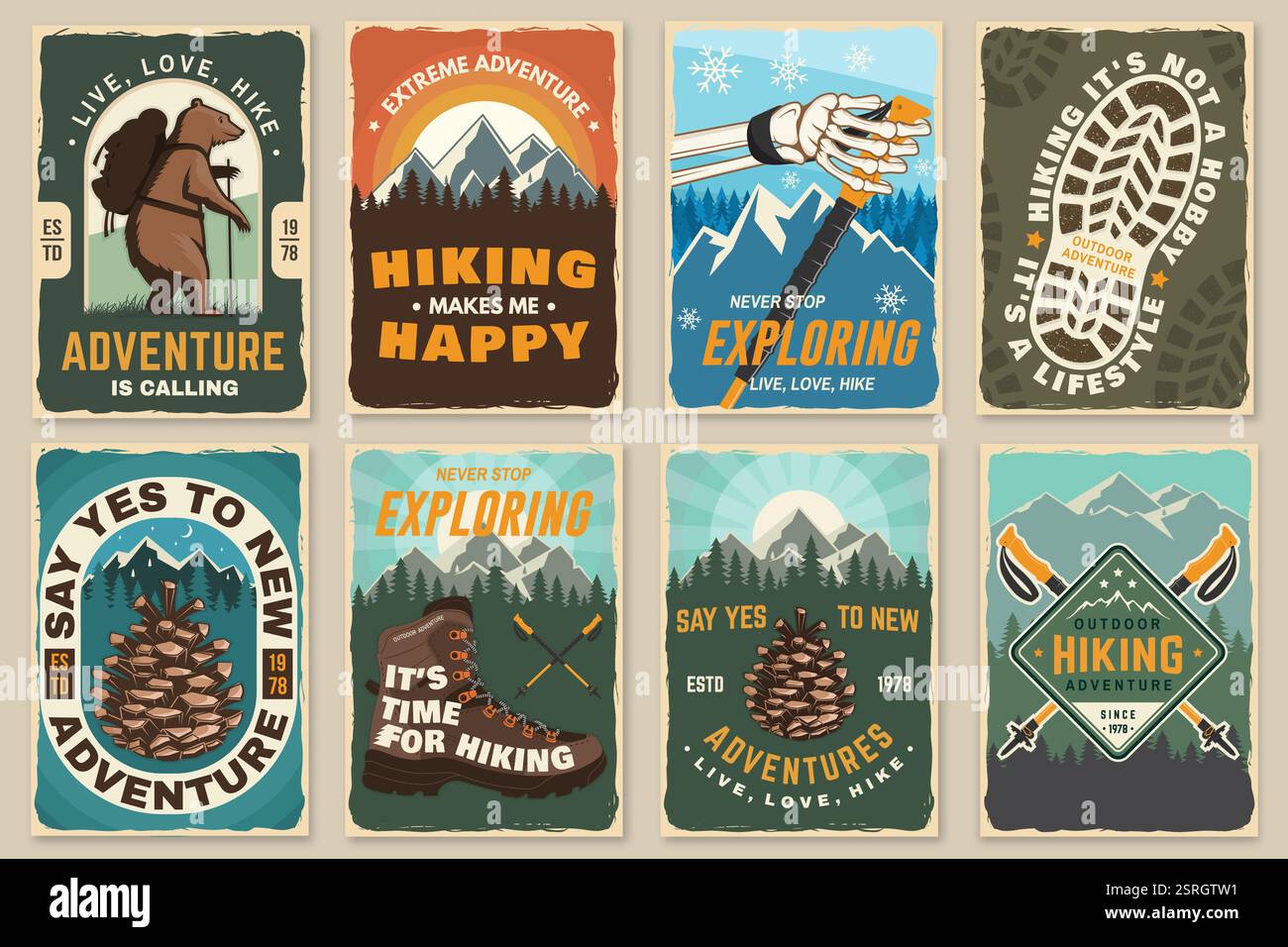 Set of hiking outdoor adventure flyer, poster, banner with hiker bear ...