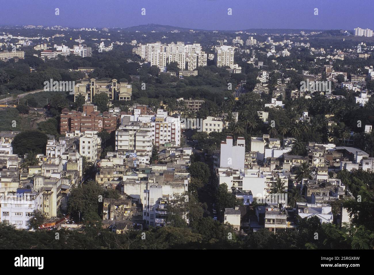 Aerial view of crowded cityscape from Parvati, Pune, Maharashtra, India ...
