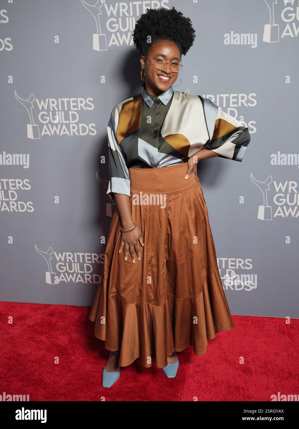 Karen Joseph Adcock arrives at the 2025 Writers Guild Awards held at ...