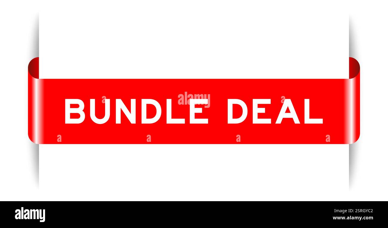 Red color inserted label banner with word bundle deal on white ...